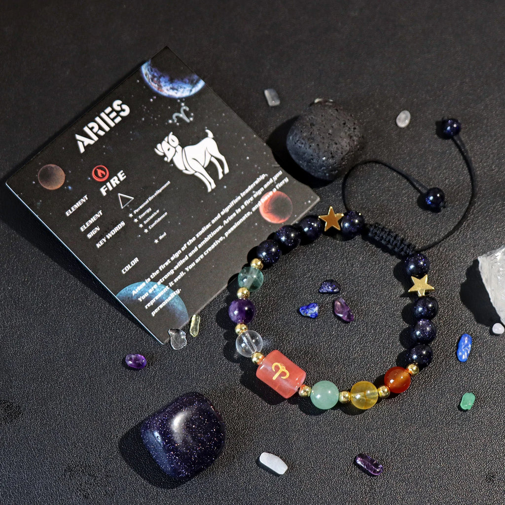 12 Constellation Zodiac Signs Natural Stone Quartz Beads Braided Brace ...