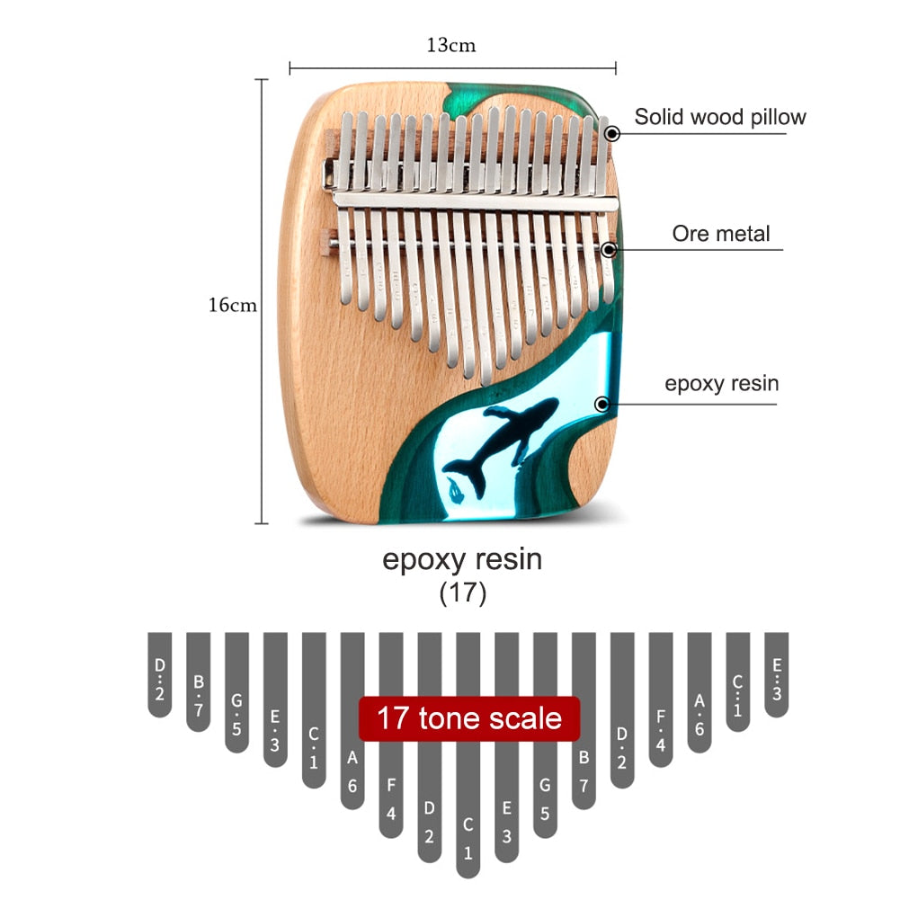 17 or 21 Keys Ocean Blue Whale Solid Beech Epoxy Resin Kalimba Pine Th ...